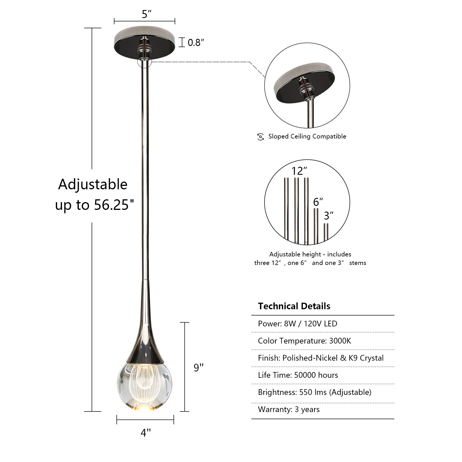 MOTINI 1-Light Teardrop Crystal Pendant Light in Silver Polished Nickel Finish Mini LED Light Globe Metal Rod Ceiling Single Pendant Lighting for Kitchen Bedroom Dining Room Bar Fixture Lights