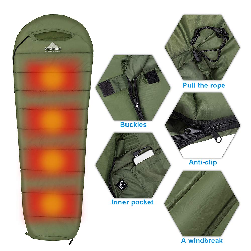 Mummy Sleeping Bag with Composite Fiber Heating Plate, Compression Sack for 3-4 Season Lightweight, Water Resistant & Warm for Camping, Hiking, Traveling and Outdoors(Power Bank NOT Included)