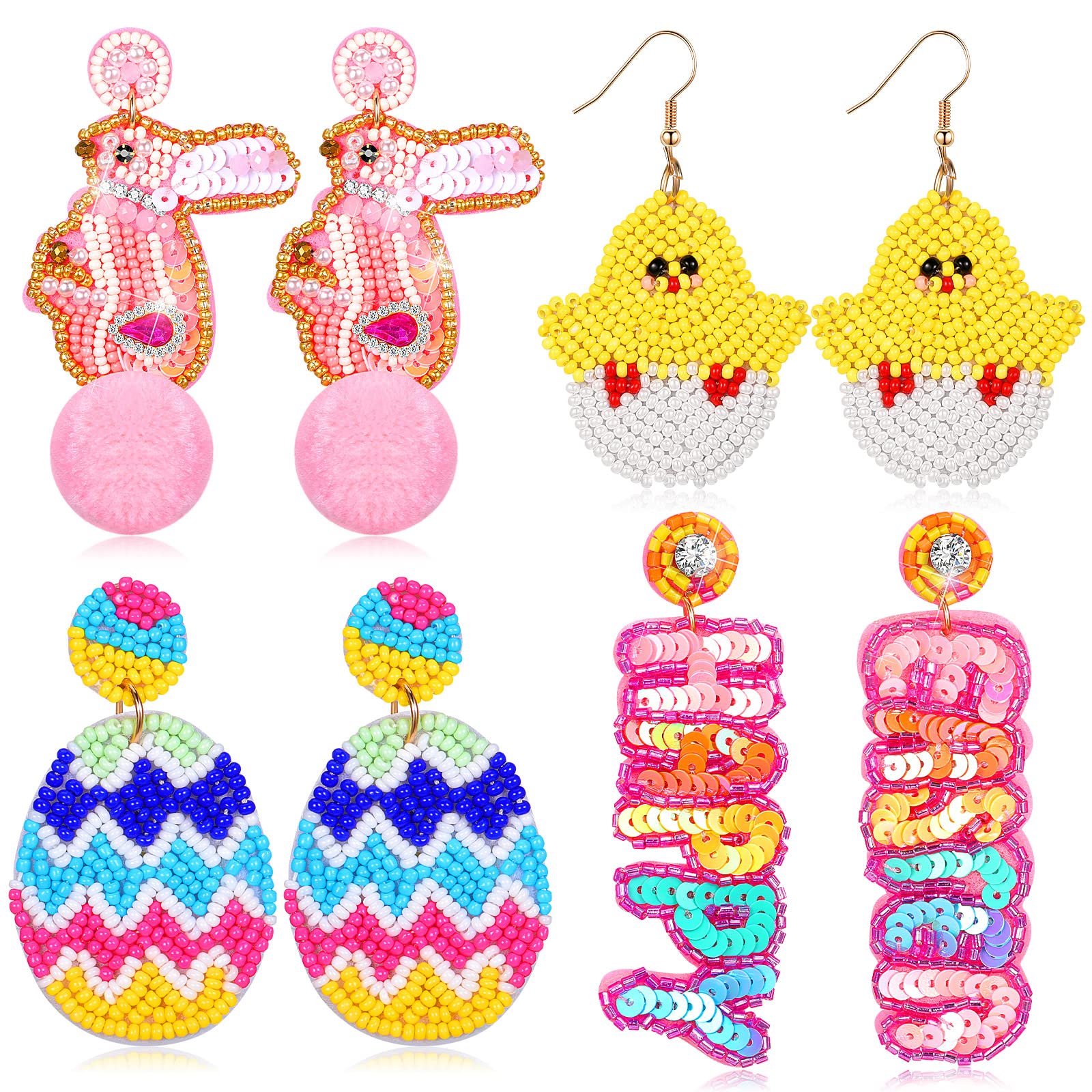 Yinkin 4 Pairs Easter Beaded Earrings Bohemian Statement Dangle Earrings Easter Egg Chicks Earrings for Women Girls