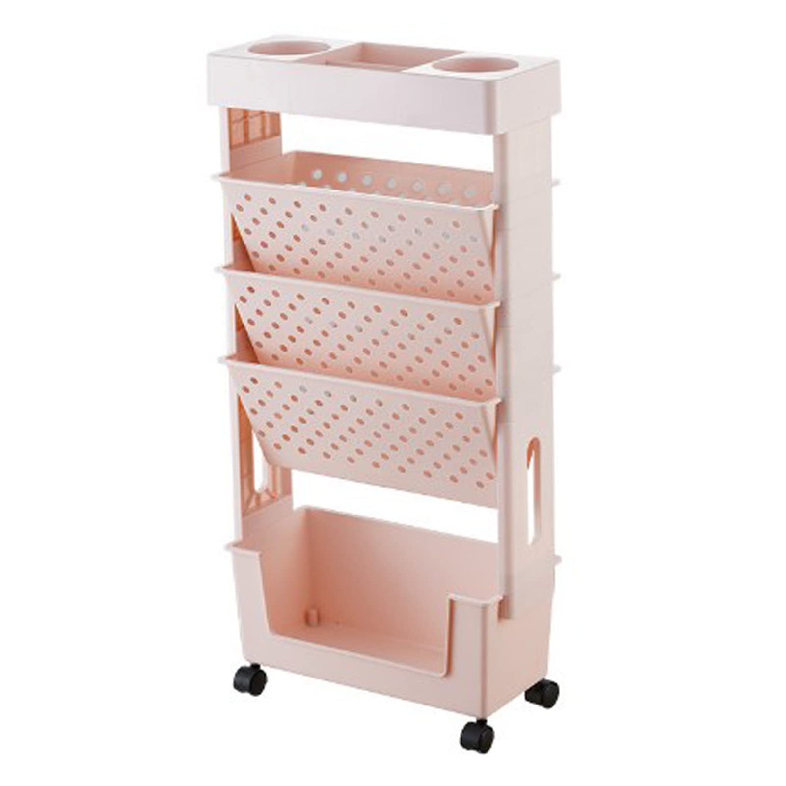 Movable Bookshelf, Slide Out Rolling Utility Cart, Movable Bookshelf Shelving Organizer, Multilayer Capacity Rotatable Removable Plastic Practical Rolling Organization Shelf with Wheel(Pink)