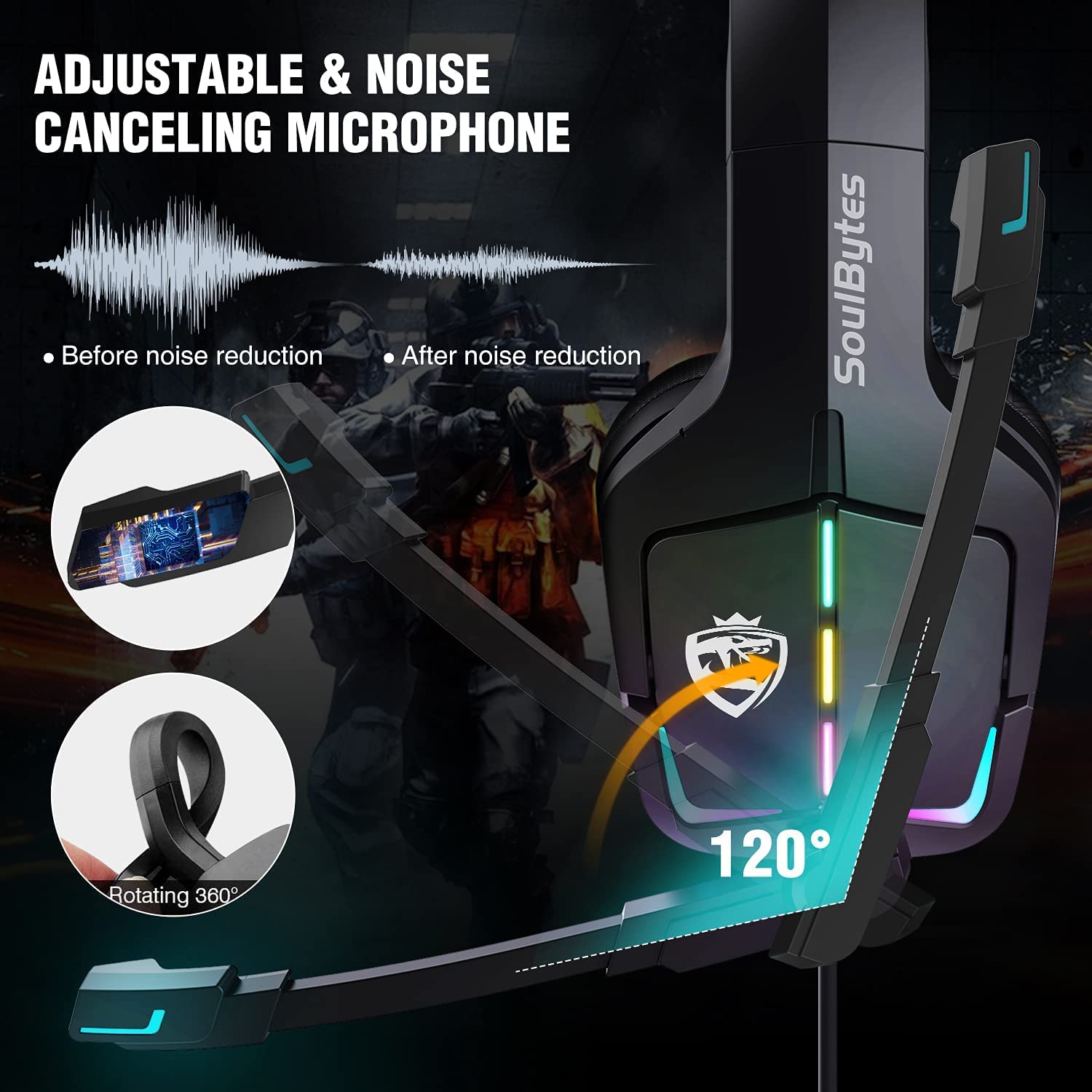 Soulbytes PS4 Gaming Headset for Xbox One PS5 Switch PC Headphone with Microphone Dynamic RGB LED Effect Gamer Headsets for Computer Laptop 3.5mm Wired Stereo Bass Over Ear with Mic
