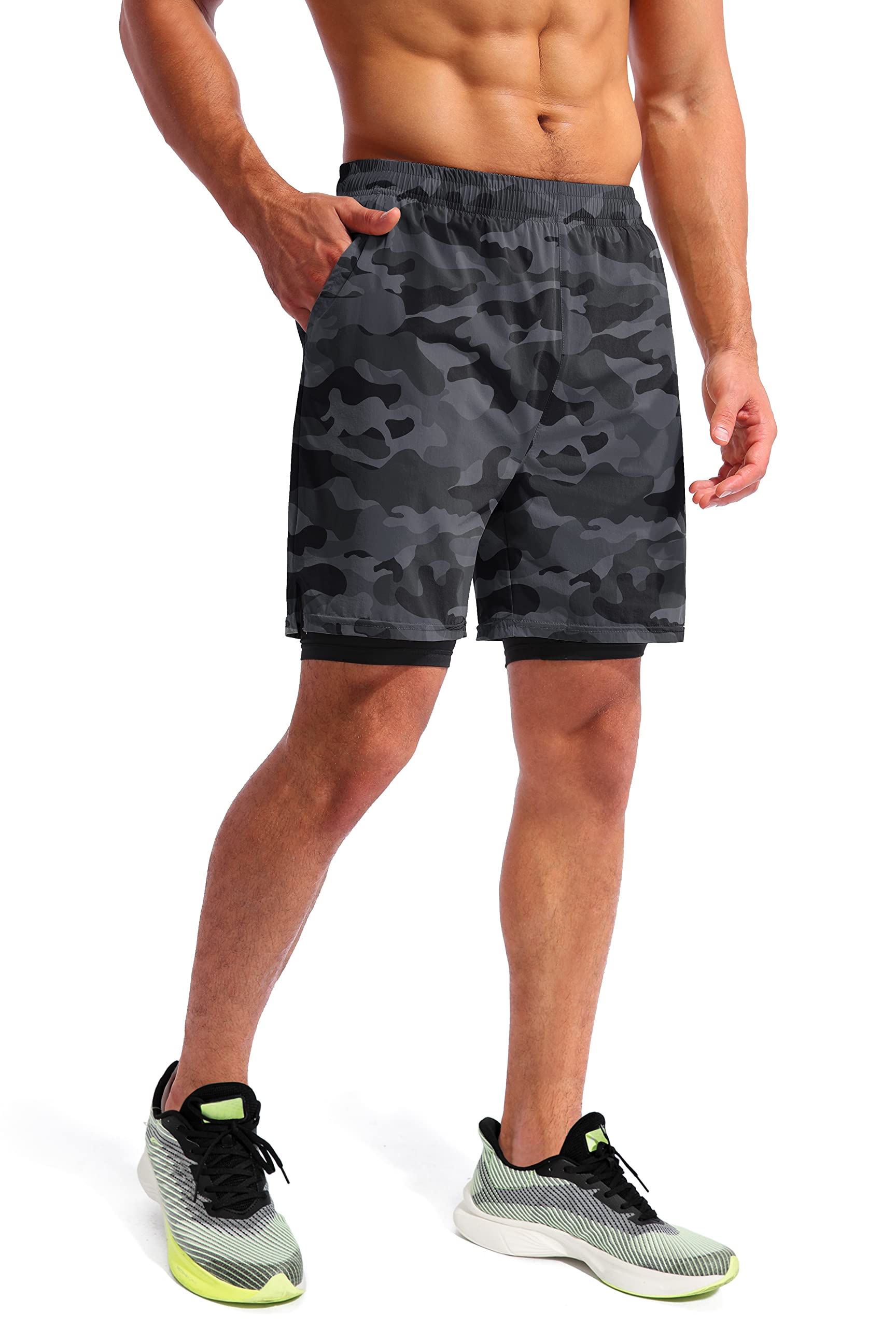 Pudolla Men’s 2 in 1 Running Shorts 7" Quick Dry Gym Athletic Workout Shorts for Men with Phone Pockets(Black Camo Large)
