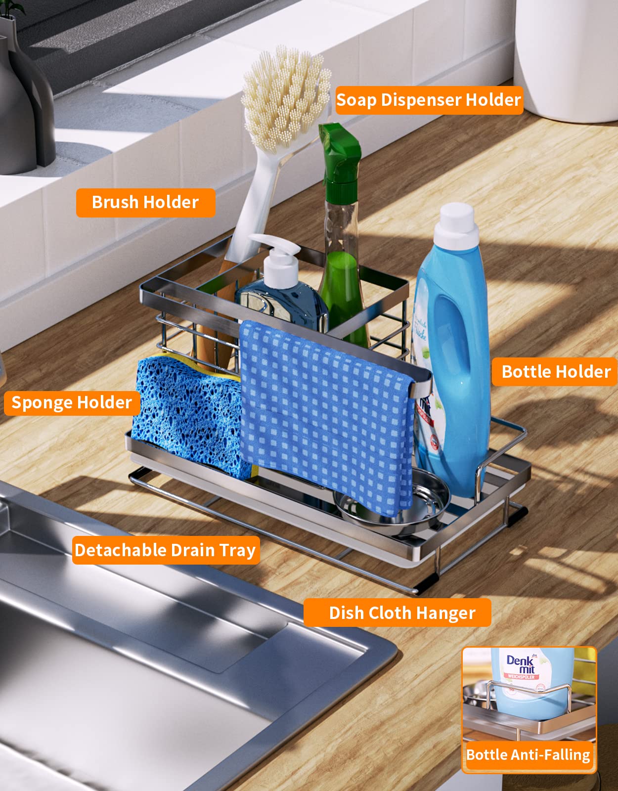 SWTYMIKI Kitchen Sink Caddy Organizer with Dishcloth Holder, Rustproof Stainless Steel Sponge Holder with Removable Drain Tray, Sink Rack Holds Sponge, Dishcloth and Brush in Silver