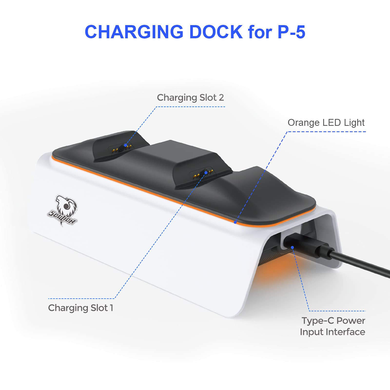 SOULION PS5 Controller Charger Station，Dual PS-5 Charging Station with LED Indicator Safety Chip Protection, Upgraded Type-C Fast Charging Dock Stand for Dualsense PS5 Controllers, White