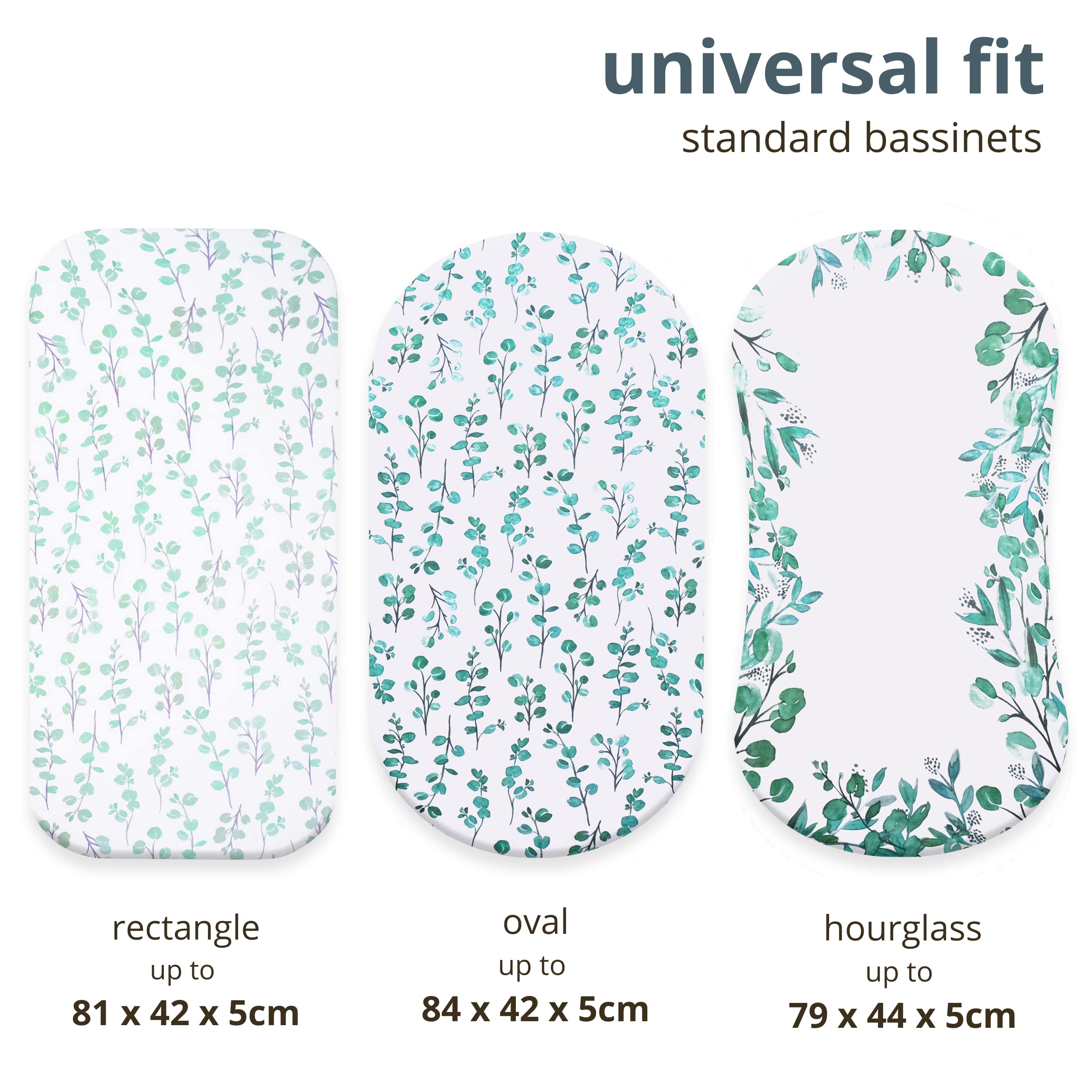 POPPI & MAX: 100% Organic Bassinet Sheets β Premium Jersey Cotton 3-Sheet Set for Baby Girl or Boy | Fitted Sheets for Oval, Rectangle, Halo Bassinet Pads & Moses Basket | Boho Floral Eucalyptus Leaf