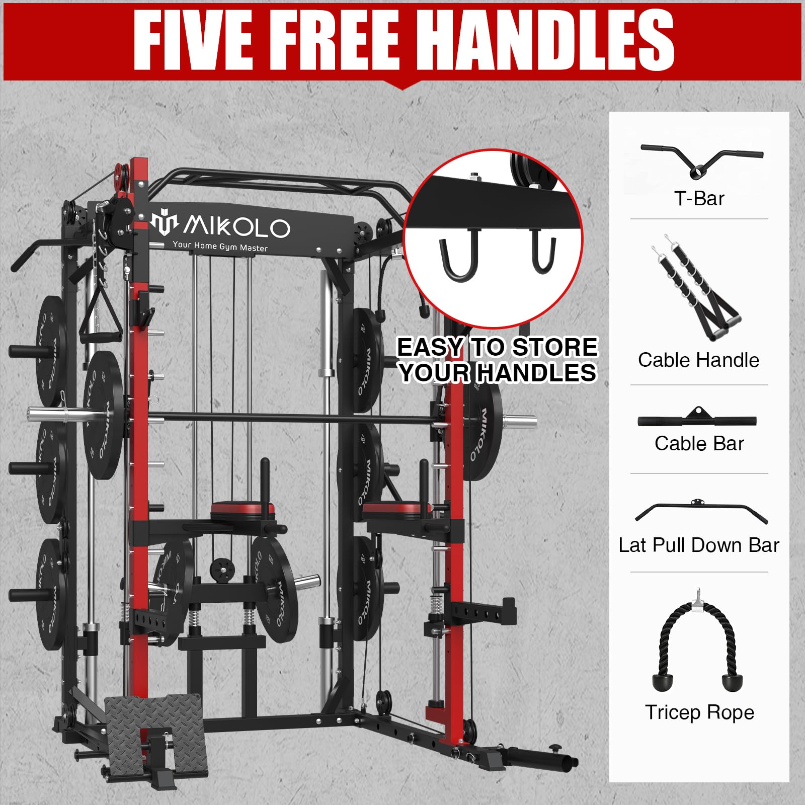 Mikolo Smith Machine, 2000LBS Multifunctional Squat Rack with LAT Pull Down System&Cable Crossover Machine for Home Gym, Power Cage with Dip/Leg Raise Attachments, Free Handles, Band Pegs(Red)