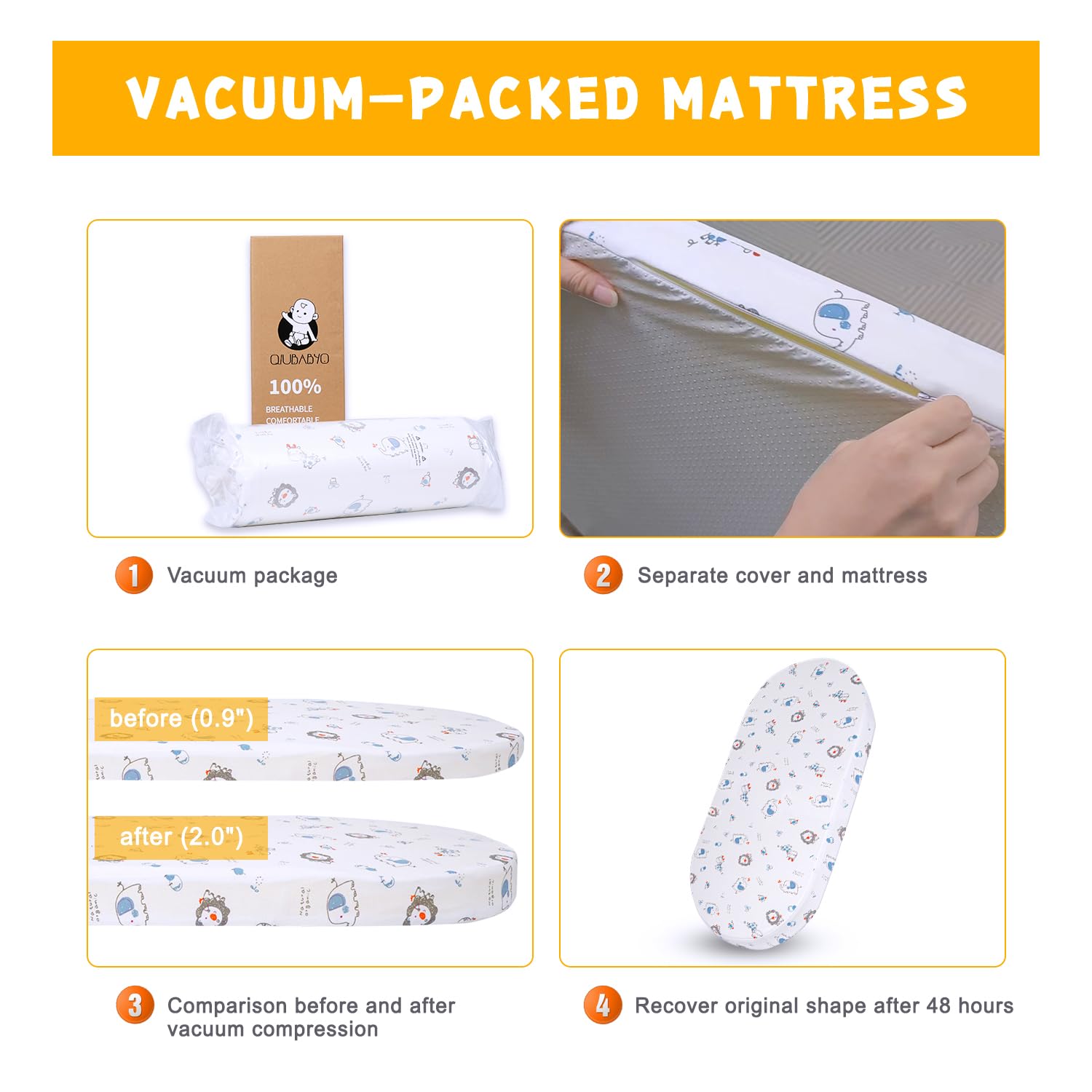 QIUBABYO Bassinet Mattress Pad,30"x15"x2" Thick Breathable Cotton Cover,Waterproof Lining and High-Density Foam,Removable and Washable.Baby Crib Topper for Moses Basket.