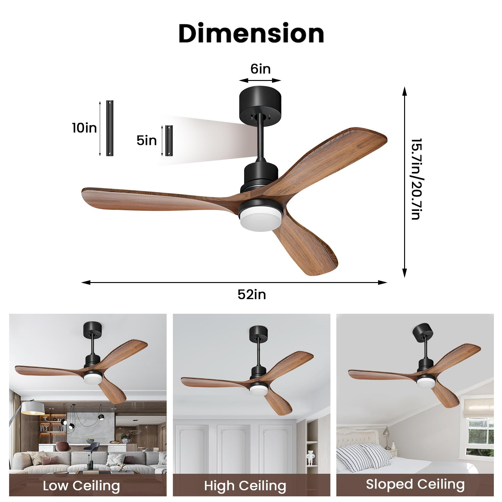 Obabala 52" Ceiling Fan with Lights Remote Control Outdoor Wood Ceiling Fans Noiseless Reversible DC Motor