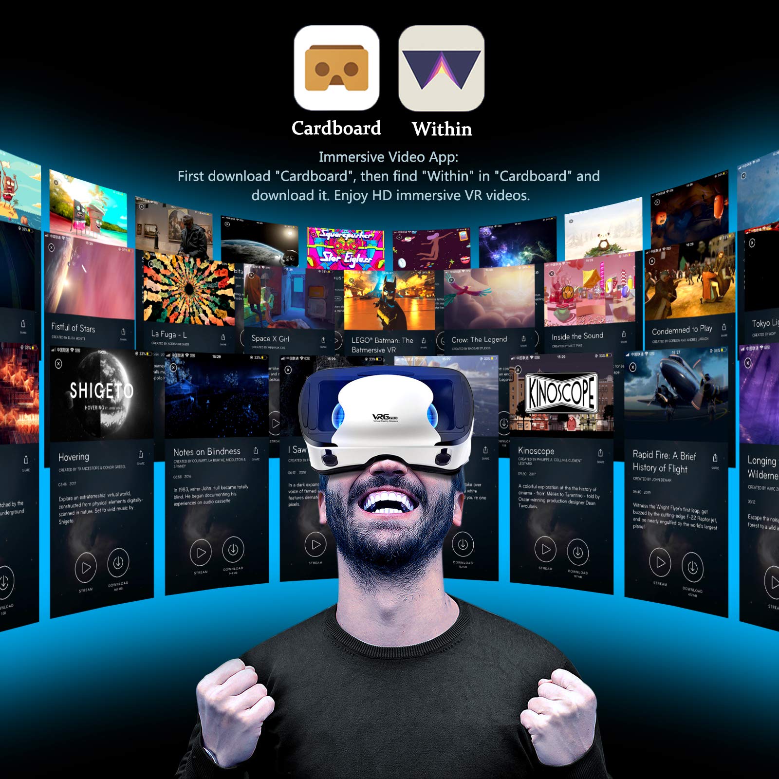 VR Headset with Controller Adjustable 3D VR Glasses Virtual Reality Headset HD Blu-ray Eye Protected Support 5~7 Inch for Phone/Android
