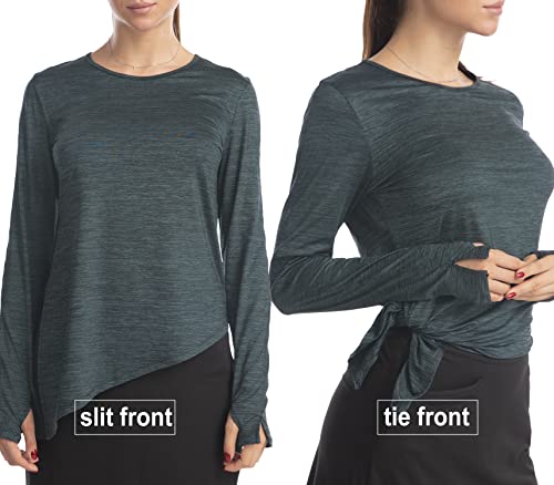 Women Running Shirts Yoga Top Long Sleeve Workout Tee with Thumb Holes Quick Dry Sweatshirt Activewear Tops Side Slit Black M