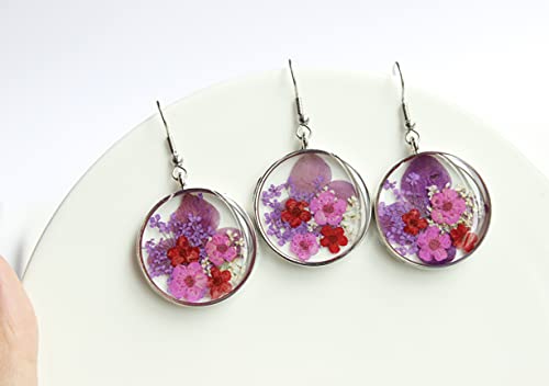 SIEASY Pressed Flower earrings, Dried Flower Pendants earrings, Purple hydrangea earrings, Handmade jewelry