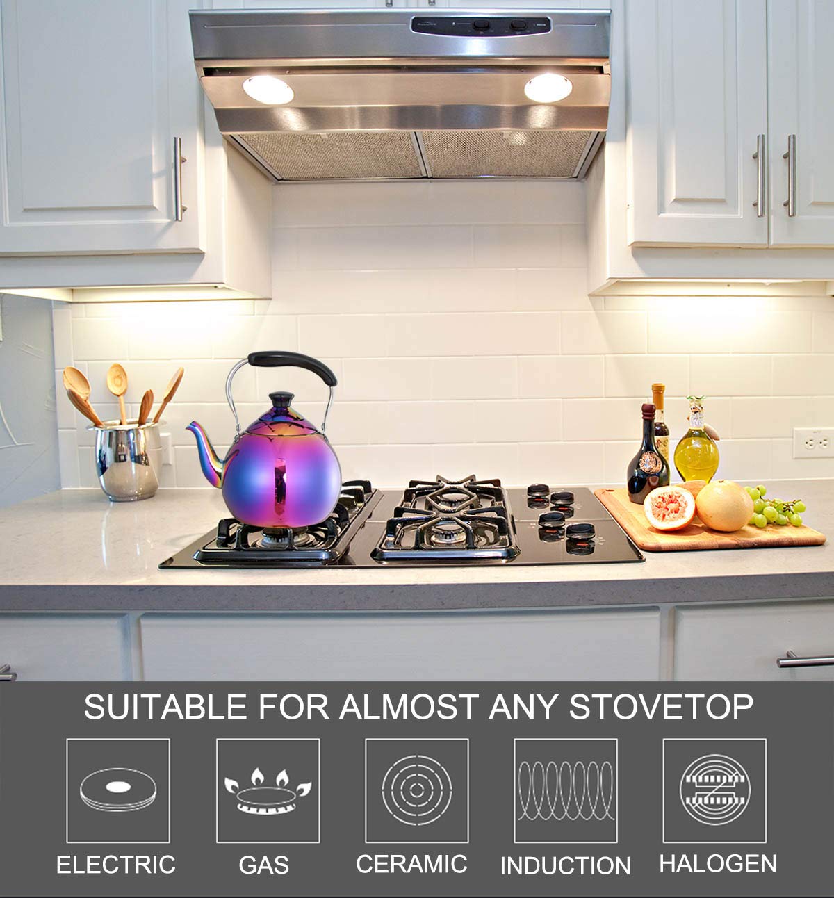 OMGard Whistling Tea Kettle Stainless Steel Rainbow Teapot 2.5 Quart Teakettle for Stovetop Induction Stove Top