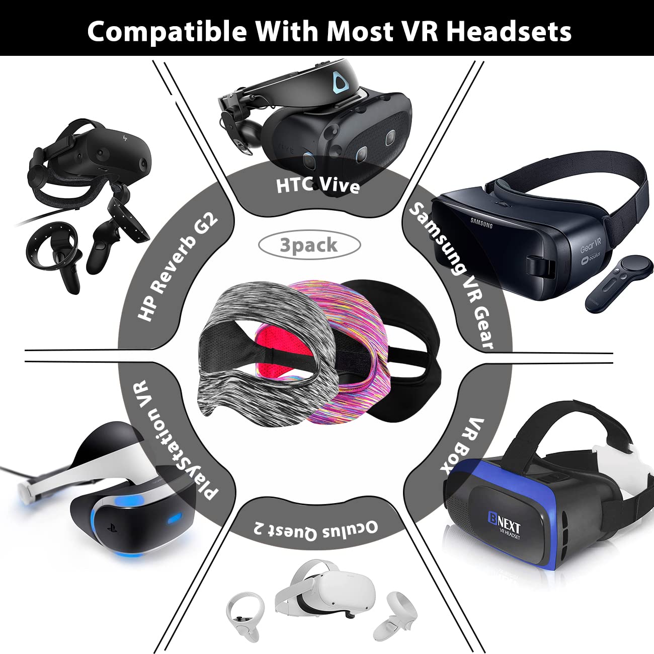 VR Masks Sweat Band, Breathable and Sweat Wicking,Eye Mask Cover for VR,Adjustable Size VR VR Eye Mask for Oculus Quest 2, HTC Vive, Gear,PS,VR Workouts (3PCS)