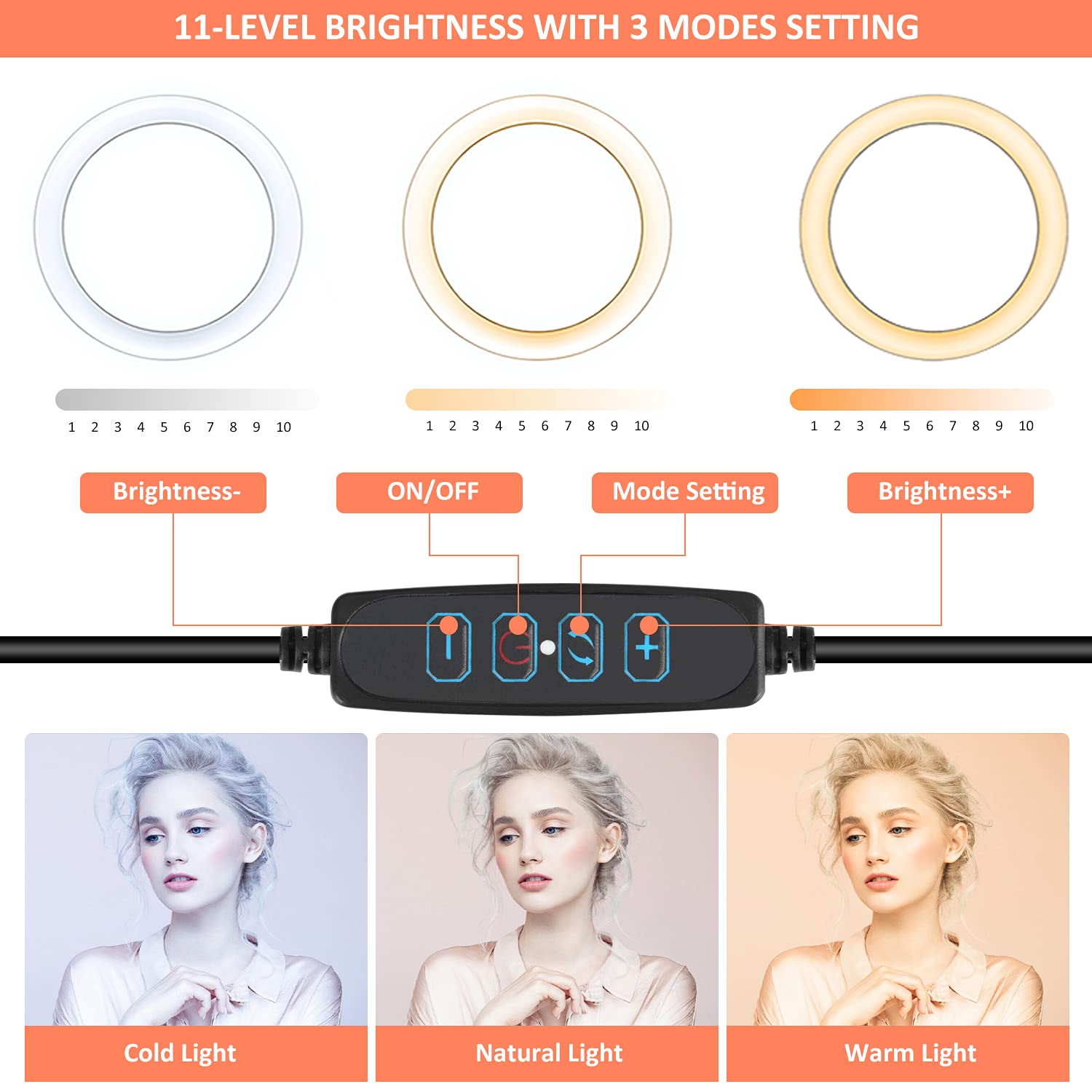 Selfie Ring Light with Tripod Stand & Phone Tripod Holder, 10.2 inch UEGOGO 3 Modes LED Ring Light & Selfie Stick for Makeup/Photography/Live Streaming/YouTube TikTok, Compatible with iPhone/Android