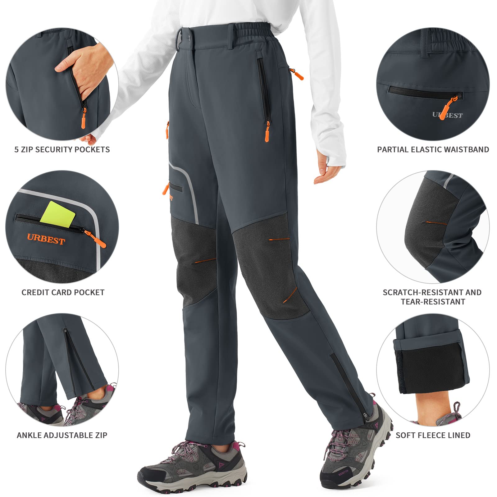 URBEST Women's Outdoor Snow Ski Pants Waterproof Winter Fleece Lined Hiking Snowboard Insulated Softshell Pants GREY