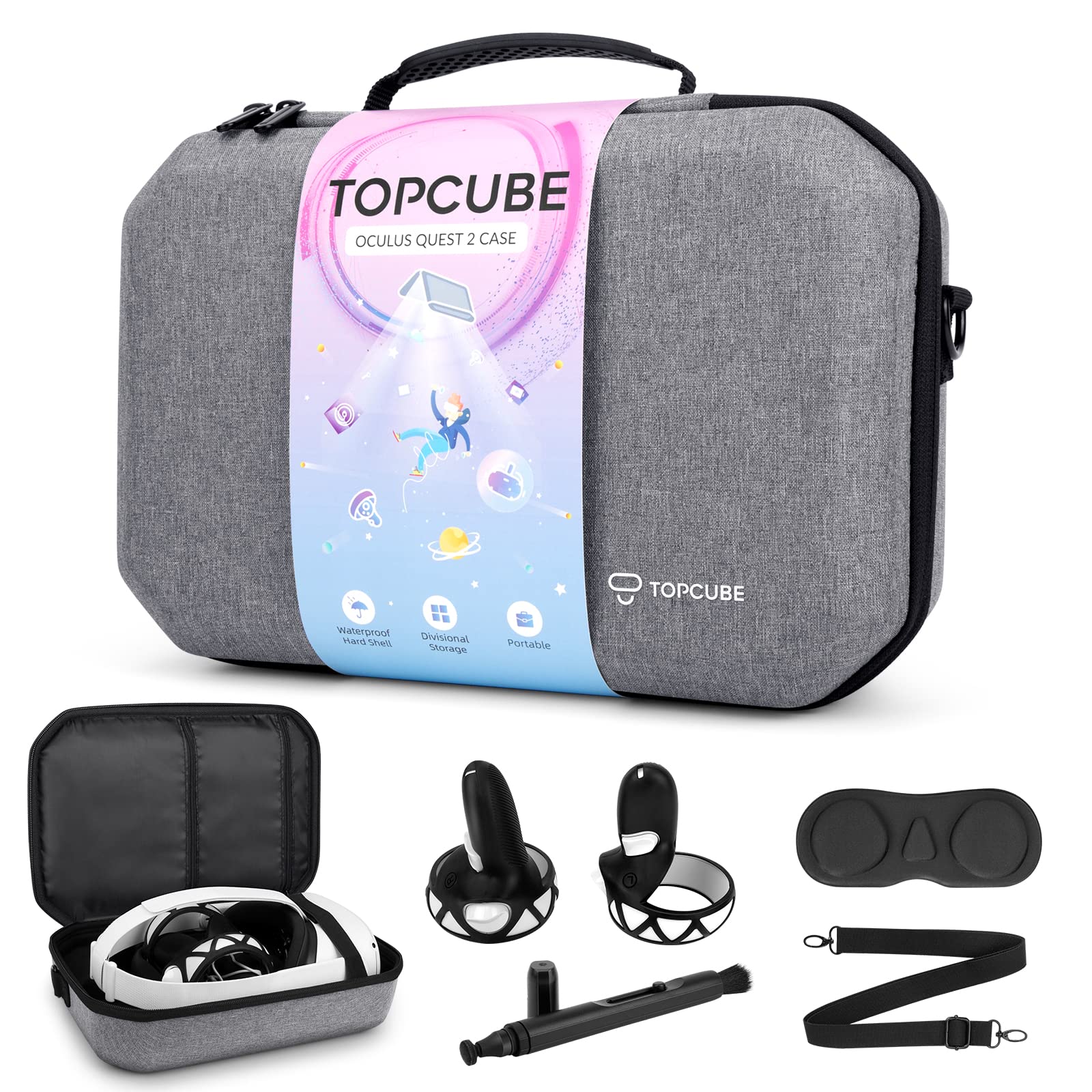 TOPCUBE Carrying Case for Oculus Quest 2 VR Headset Strap - Hard Protection Case and Lightweight Travel Case with Starter Kit, Lens Cover, Lens Cleaning Pen and Silicone Controller Cover