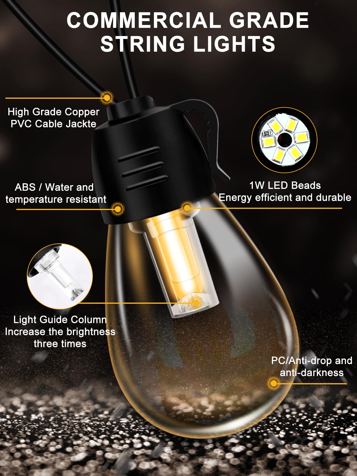 Plbriyu 50FT Outdoor String Lights with Shatterproof, Patio Lights with 20 Waterproof Bulbs,2700K Dimmable Outside Lights,Decorative for Yard Porch Garden