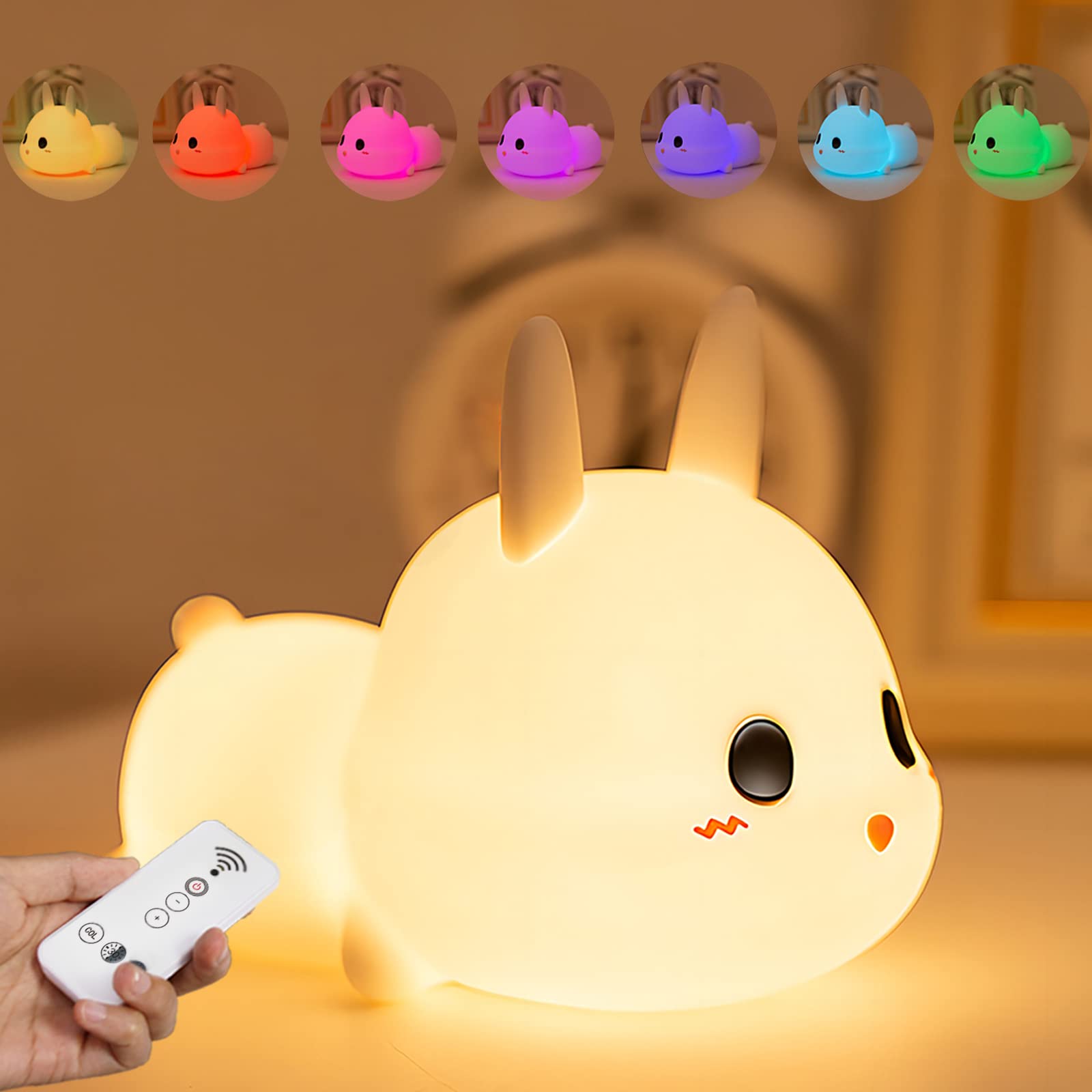 Qrbsi Cute Night Light, Bunny Night Light with 7 Colors & Dimming Function, Bunny Lamp Baby Night Light with Timer & Remote, Cute Room Decor Gifts for Teen Girls, Baby, Children, Toddlers
