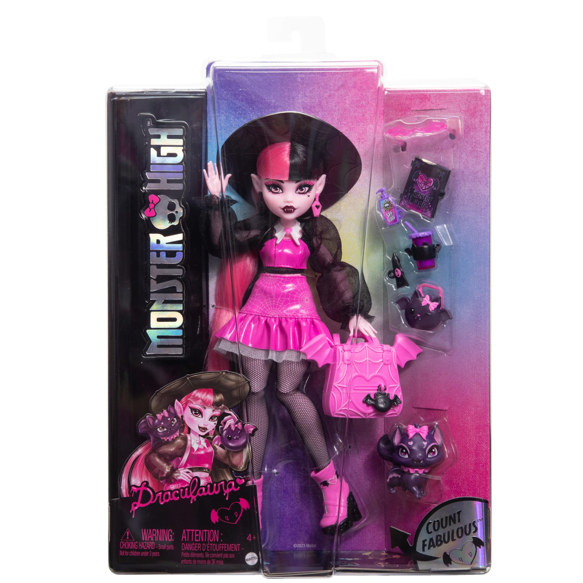 Monster High Draculaura Doll with Pet Bat-Cat Count Fabulous & Accessories like Backpack, Spell Book, Bento Box & More