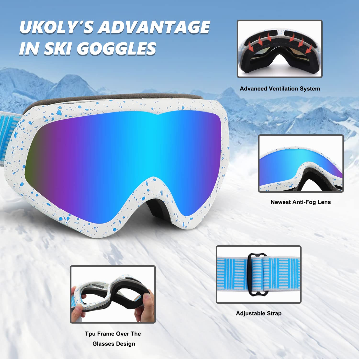 Ukoly Ski Goggles, 100% UV Protection OTG Snowboard Goggles for Men, Women Adult Youth