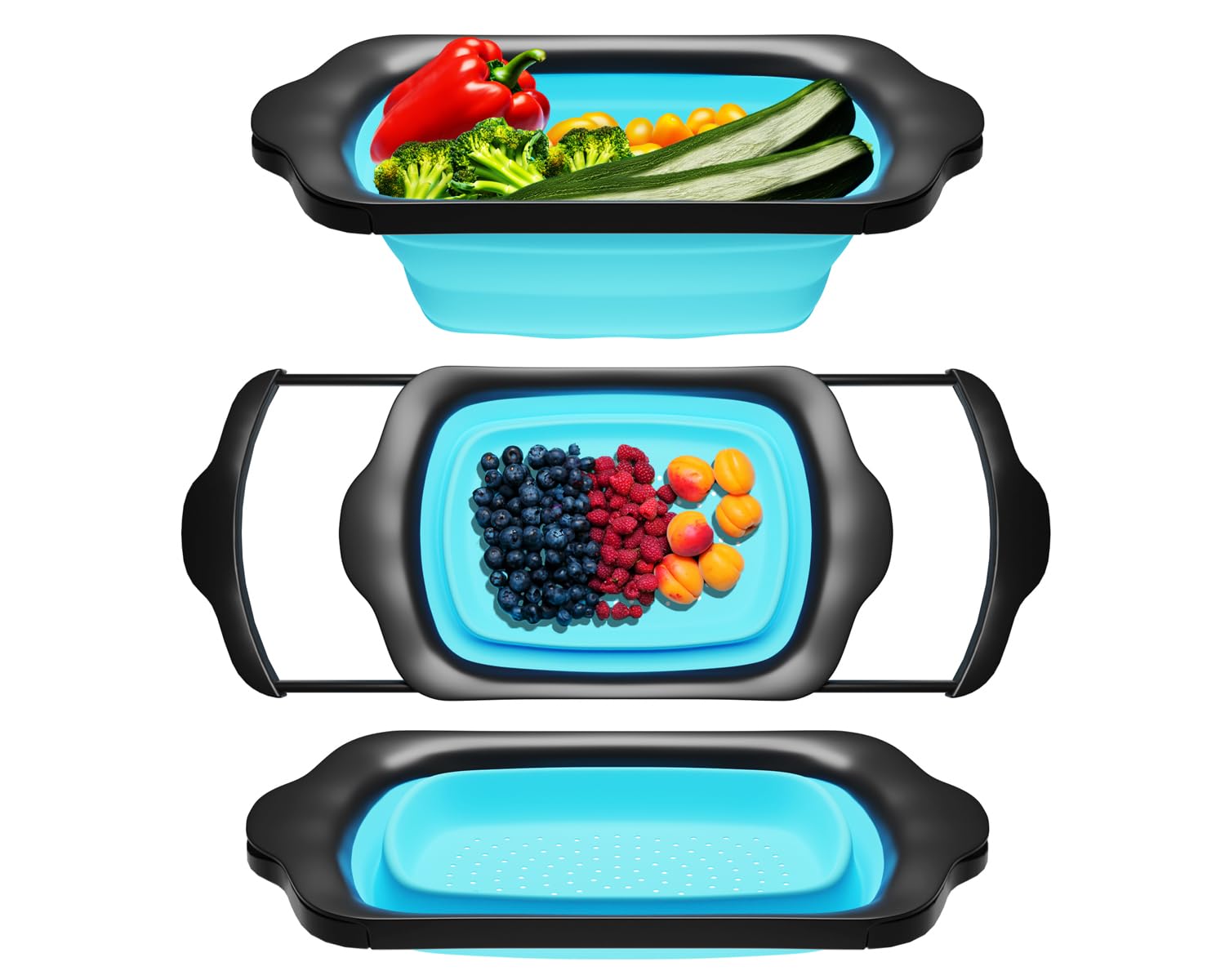 XL Large Kitchen Strainer by Comfify - Collapsible Silicone Over-The-Sink Colander with Extendable Handles - Use with Pasta, Fruit, Berries & Veggie - 6 Quart - Blue