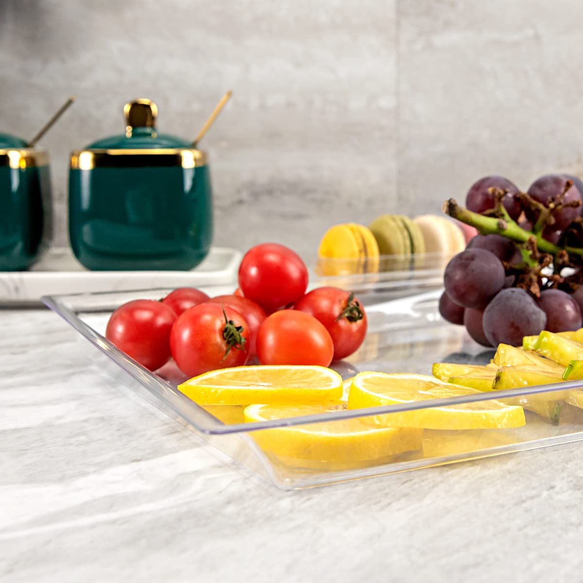 SUT 12 Pack White Plastic Serving Trays with Silver Rim, 13 X 8 inch Rectangle Food Tray, Disposable platters Cookie Serving Trays for Party, Silver Plastic Serving platters Food Wedding and Birthday