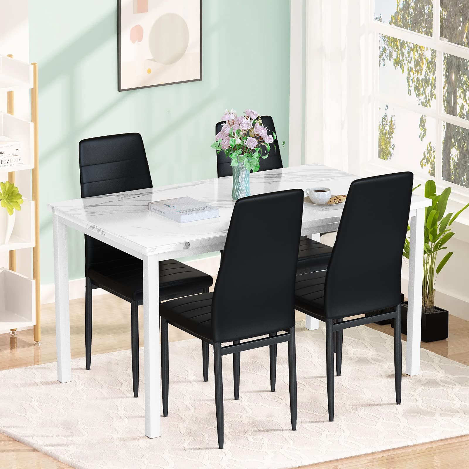 Recaceik Dining Room Table Set Modern Dining Table Set for 4 Kitchen Table and Chairs Faux Marble Dinner Table & 4 PU Leather Upholstered Chairs Dinning Table Sets for 4 Kitchen & Dining Room Sets