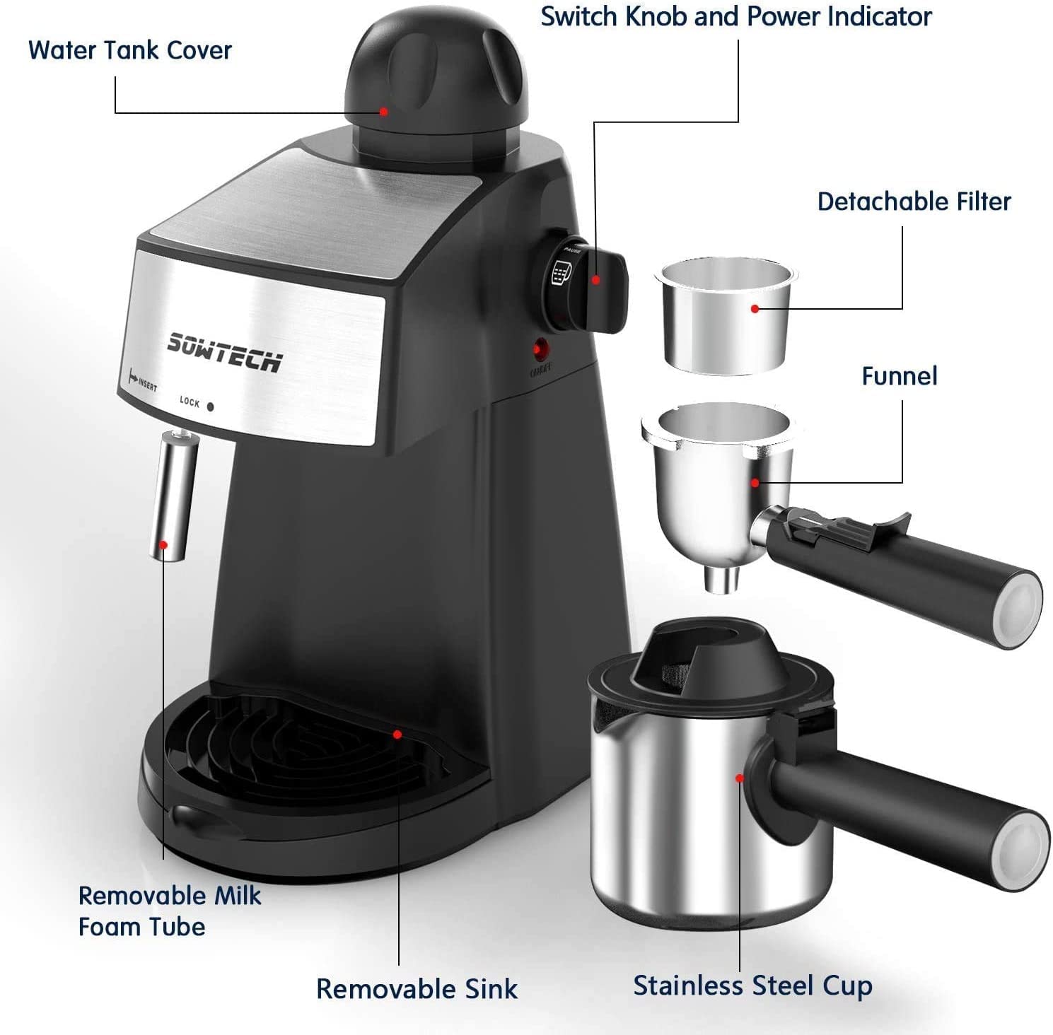 SOWTECH Steam Espresso Machine Espresso Maker Cappuccino Latte Machine with Steam Milk Frother and Mug 3.5 Bar 4 Cup