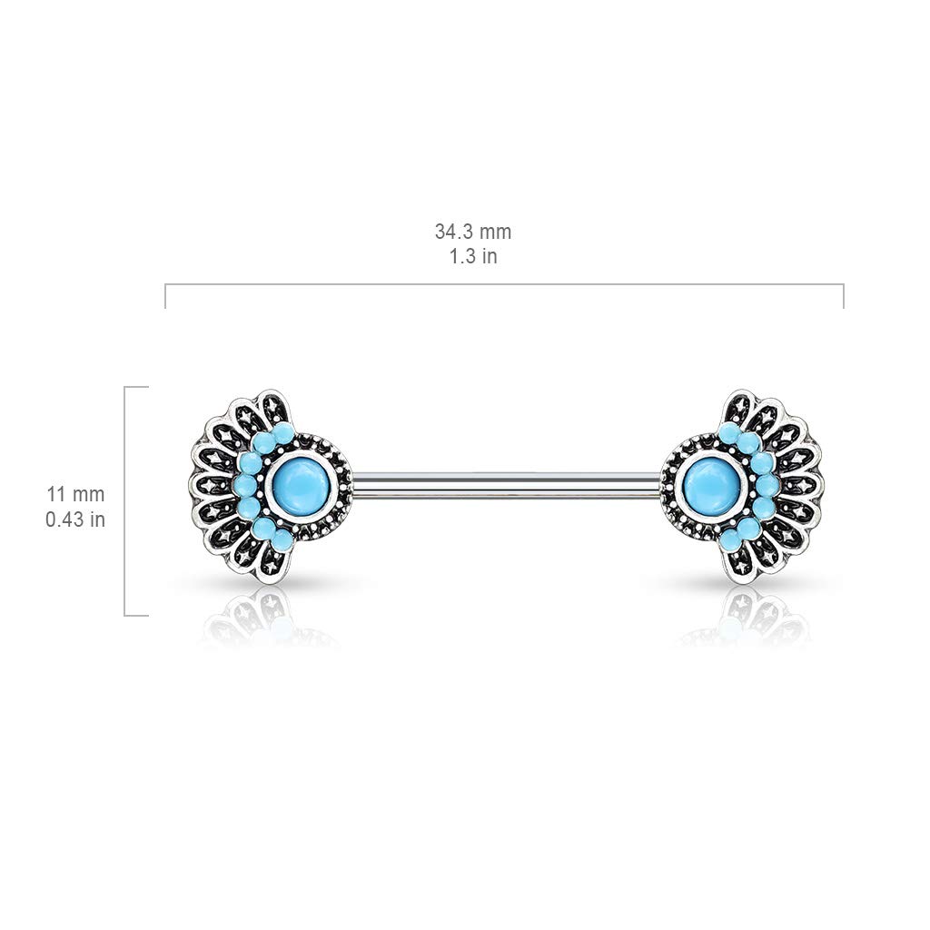 Pierced Owl Synthetic Turquoise Set Tribal Fan Nipple Barbells, Sold as a Pair