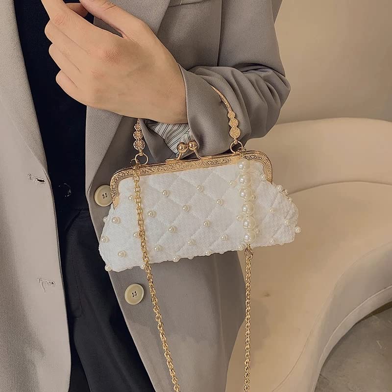 ZHUHW Evening Bag Women Pearl Chain Shoulder Handbag Wedding Metal Handle Design Clutch Bag Diamond Lattice Solid Purse (Color : Blue, Size : 1)