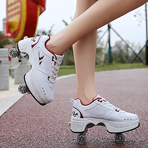 PLMOKN Women's Retractable Roller Skates Outdoor Girls Kick Roller Shoes Men Deformation Sneakers,(???) EU 36/US 5.5,White