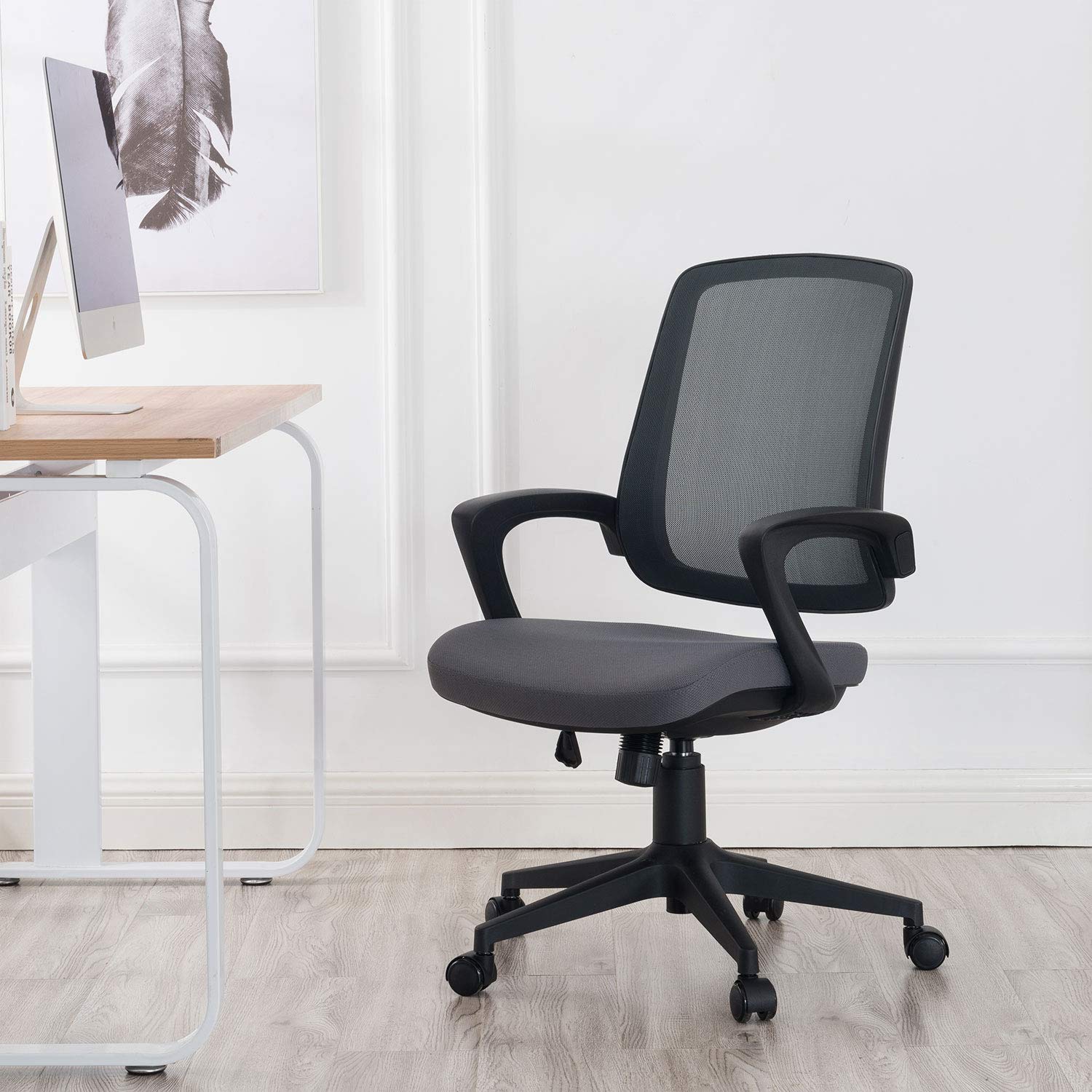 QY Home Office Chair Ergonomic Desk Chairs with Wheels & Arms, Swivel Task Mesh Chair for Small Space, Gray