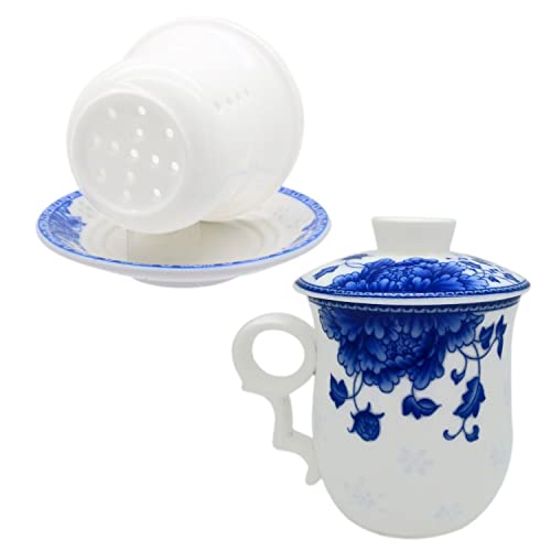 Tea Talent Porcelain Tea Cup with Infuser Lid and Saucer Sets - Chinese Jingdezhen Ceramics Coffee Mug Teacup Loose Leaf Tea Brewing System for Home Office