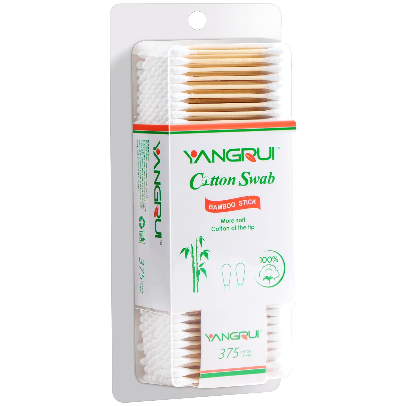 YANGRUI Cotton Swab, 375 Count Bamboo Stick BPA Free Naturally Pure Double Round Ear Swabs White Cotton Buds (Pack of 1)