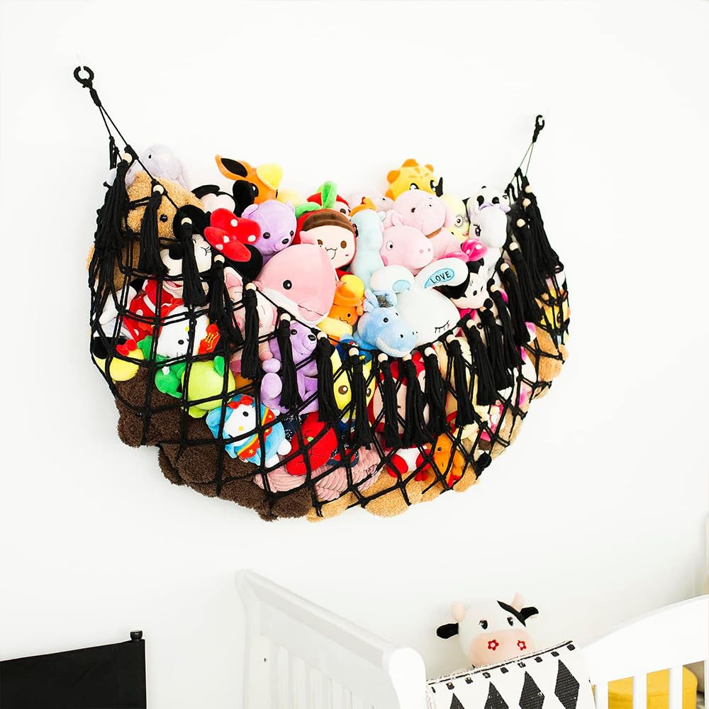 QYLYHZY Stuffed Animal Hammock Macrame Boho Plush Jumbo Doll Toy Net Hammock for Pet Net Corner Hanging Storage Holder Teddy Bear Organizer for Kids Bedroom Decoration (Black)