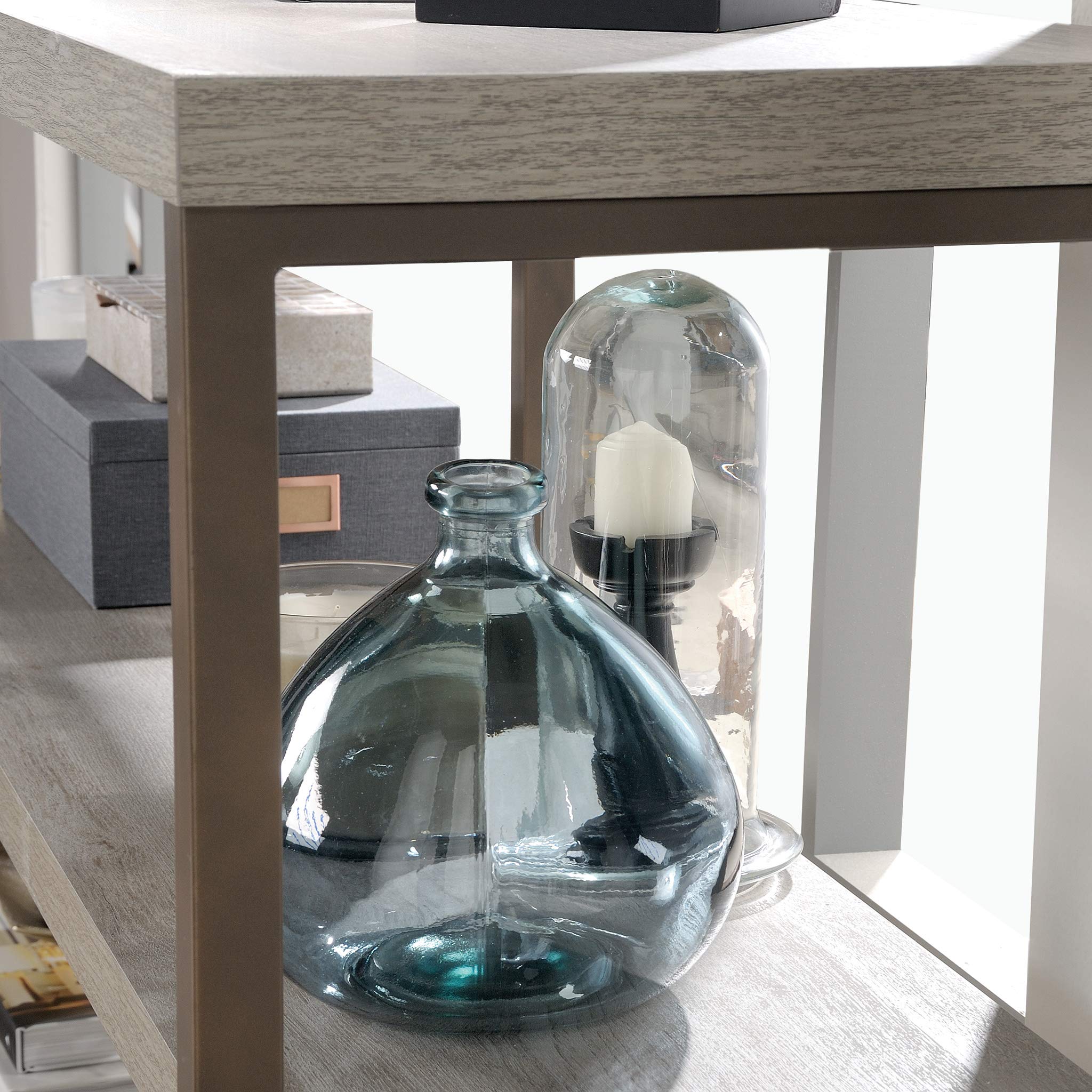 Sauder Manhattan Gate Console Table/Book Shelf, L: 66.02" x W: 15.59" x H: 35.83", Mystic Oak Finish