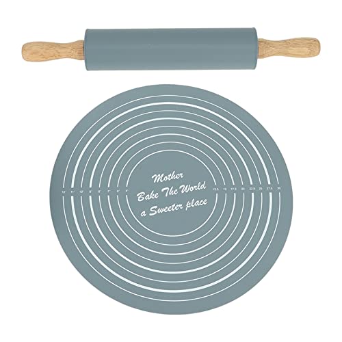 Non Stick Rolling Pin and Silicone Baking Mat, Round Non Stick Pastry Mat, Non stick Silicone Dough Rollers Set with Measurements Kneading Pastry Mat,Rolling Pin Pastry Baking Mat,Baking Tool(Grey)