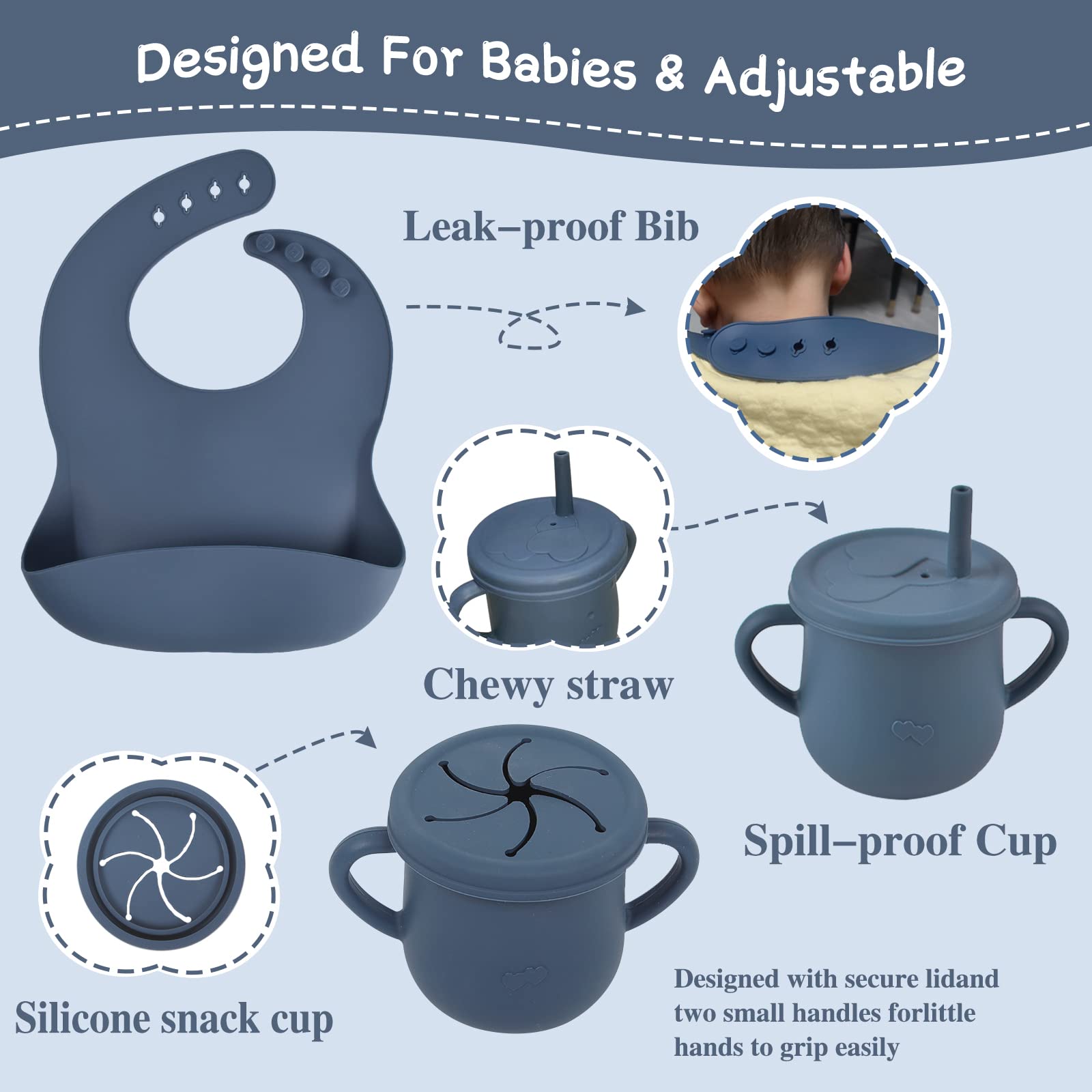 Silicone Baby Feeding Set,11Pack Toddlers Weaning Feeding Sippy Cup with Straw and Lid,Baby Bibs,Squirrel Plate Bowl With Suction,Baby Feeding Supplies Set (Squirrel-Deep Blue)