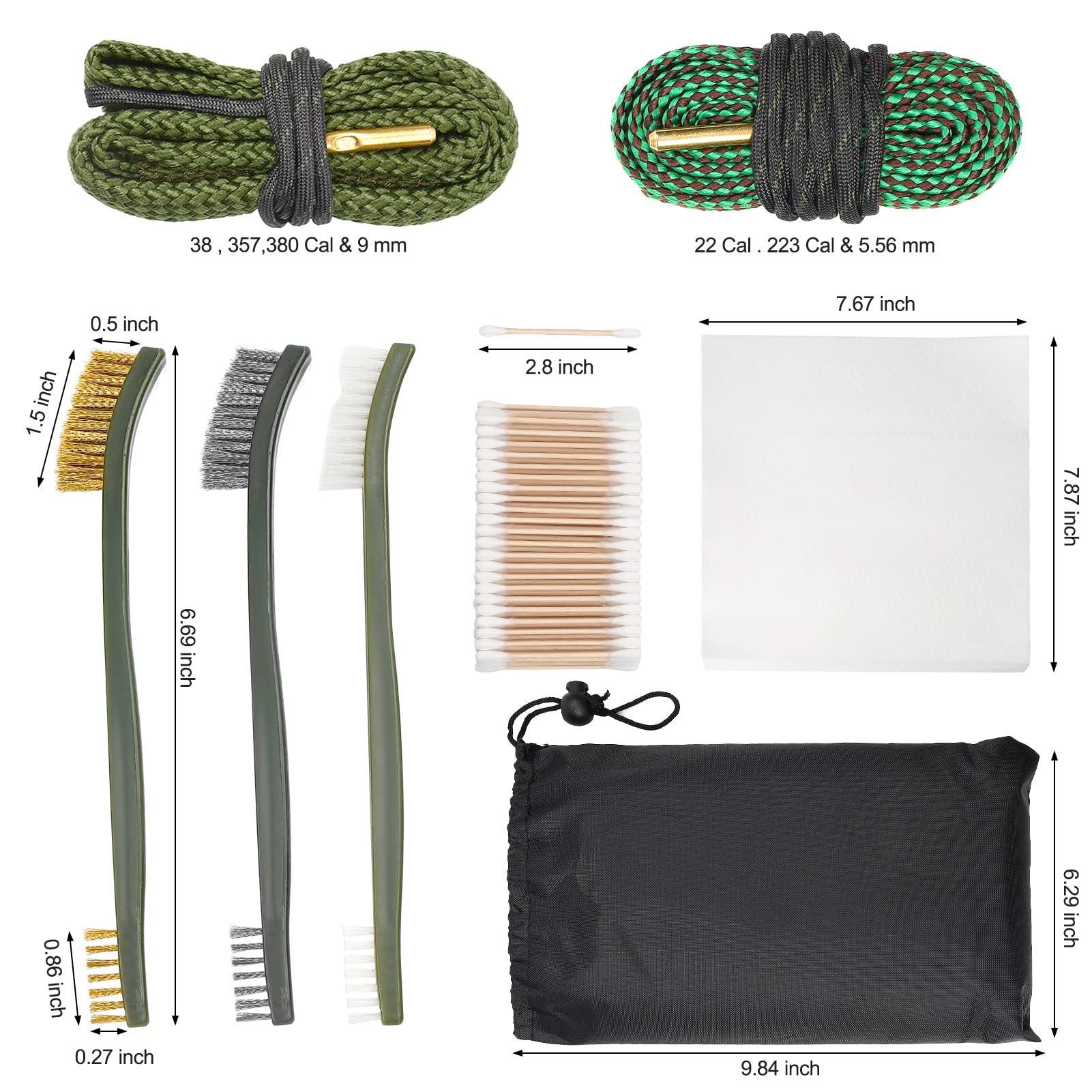 SEBIDER 9mm Bore Cleaner Universal Gun Cleaning Kits Gun Cleaning Brushes for Pistol Rifle Caliber .22.357.38.380 5.56mm Cleaning Swabs Patches with Compact Bag