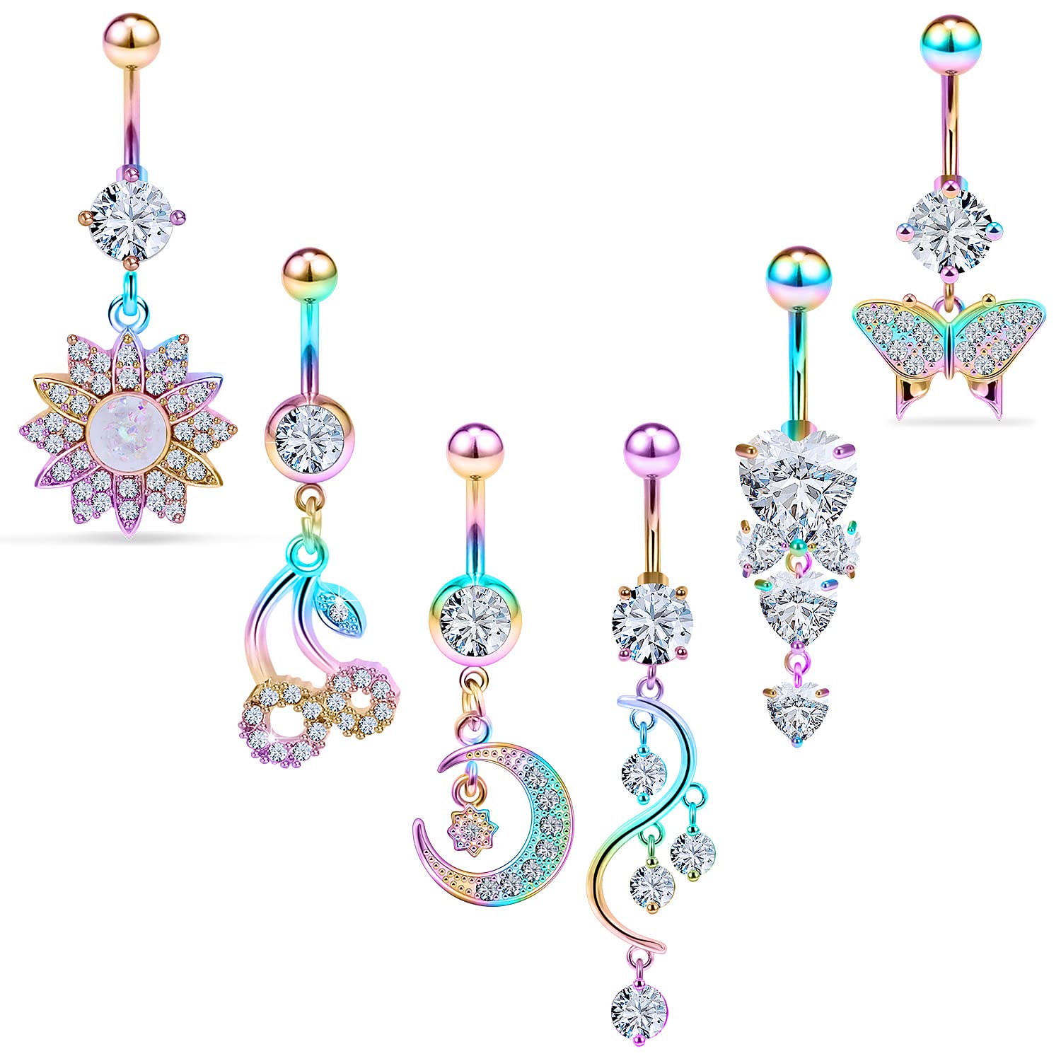 Vsnnsns 14G Belly Button Rings for Women Stainless Steel CZ Opal Long Dangle Belly Rainbow Tone B VSN0283 0