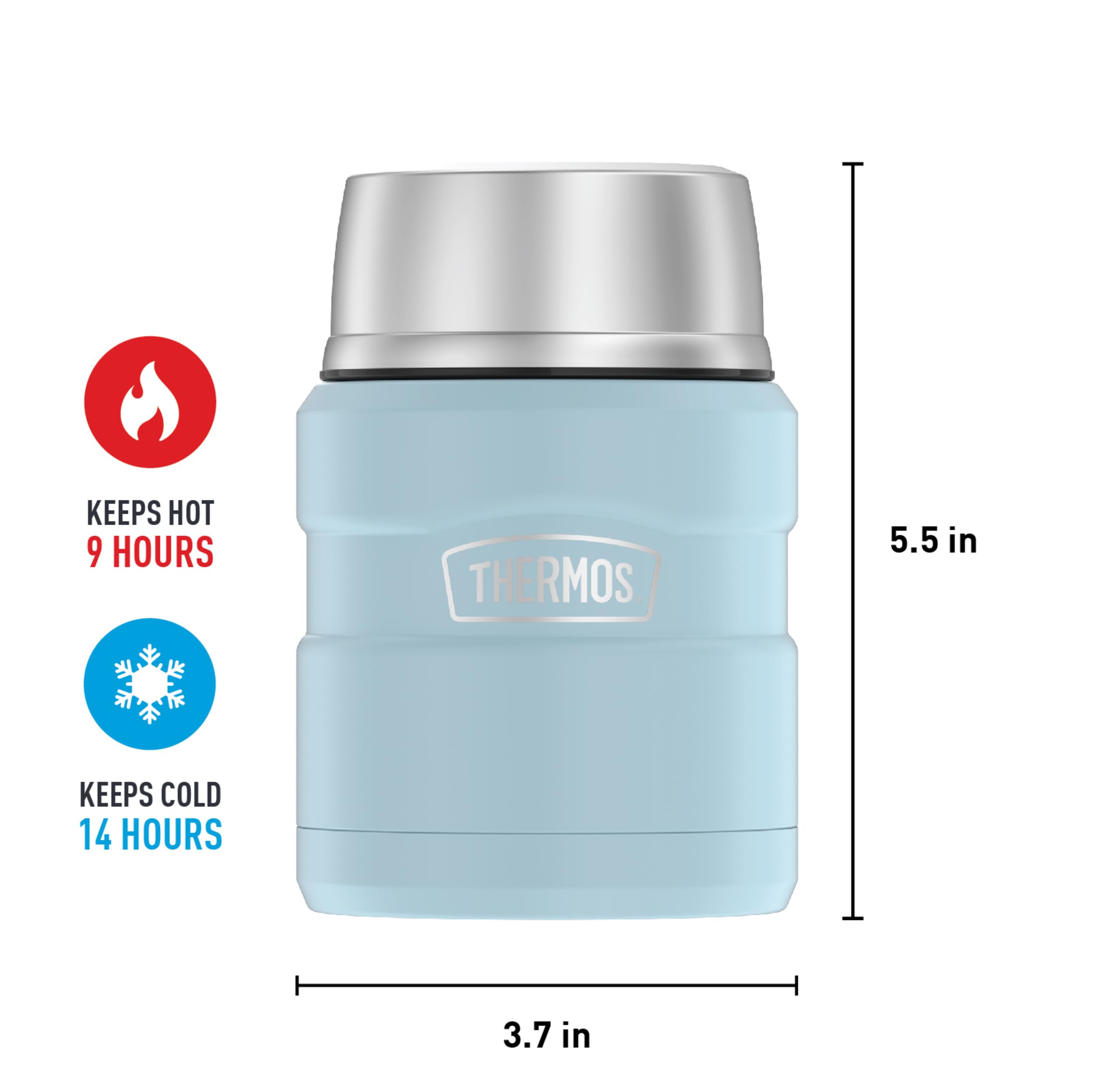 THERMOS Stainless King Vacuum-Insulated Food Jar with Spoon, 16 Ounce, Matte Powder Blue
