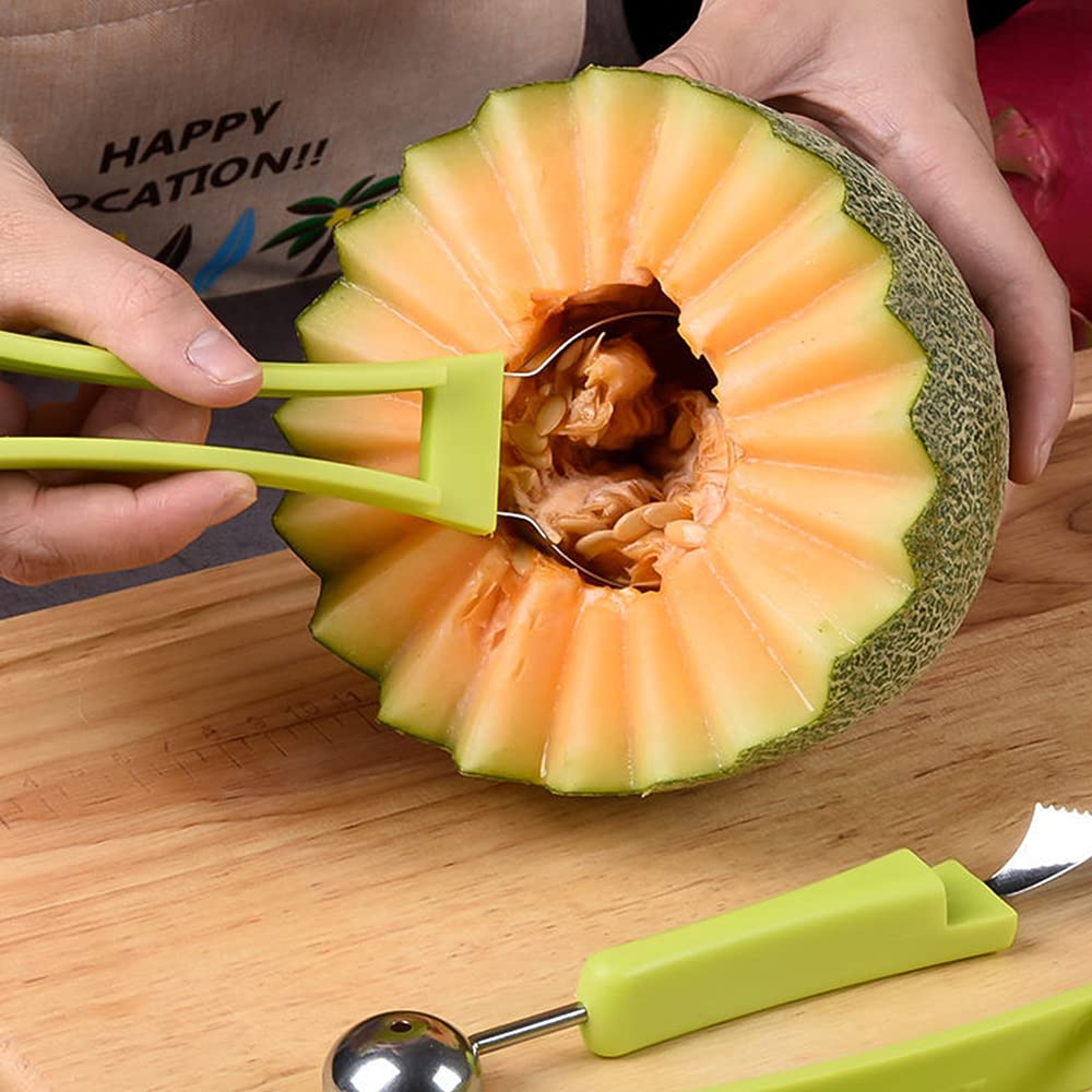 Suuker Melon Baller Scoop Set,4 In 1 fruit cutters shapes for kids, watermelon scooper fruit scooper and baller, Seed Remover Knife and fruit carving tools(Green)