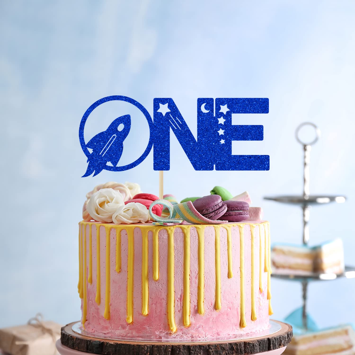 Space Theme Rocket Astronaut One Cake Topper, Boys Girls Happy 1st Birthday Decorations, It's My First Birthday, One Year Old Birthday Party Decorations Blue Glitter