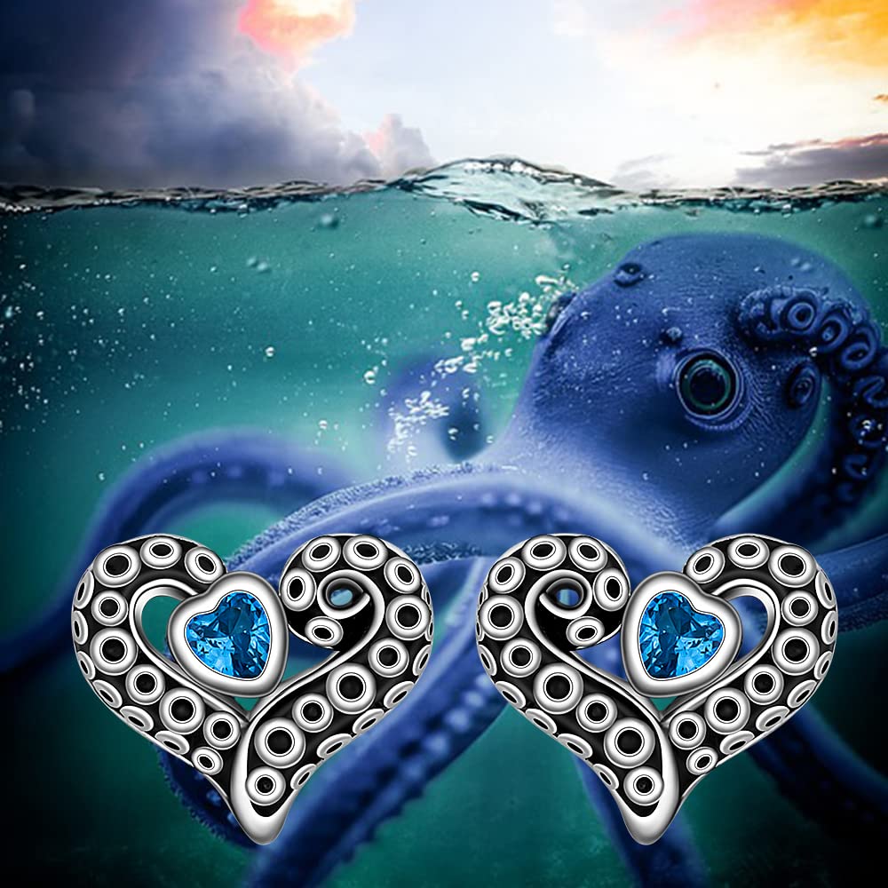 Tentacle Earrings for Women Sterling Silver Blue Heart Cubic Zirconia Ocean Black Octopus Tenticles Earrings Studs Gifts for Her