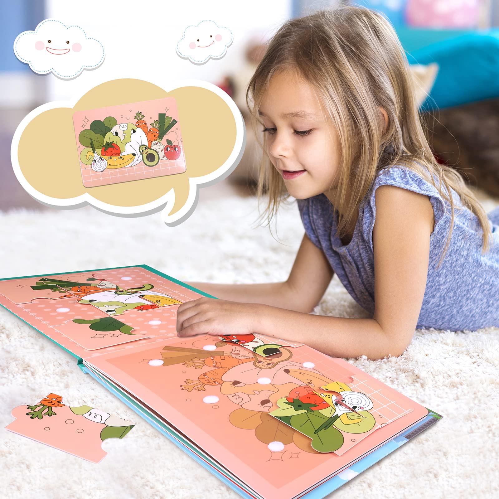 YAOFEER Busy Book for Toddlers 1-3, Montessori Busy Book Preschool Activity Sticker Quiet Books for Toddlers Preschool Learning Book to Develop Multidimensional Sense- Vegetable & Fruit