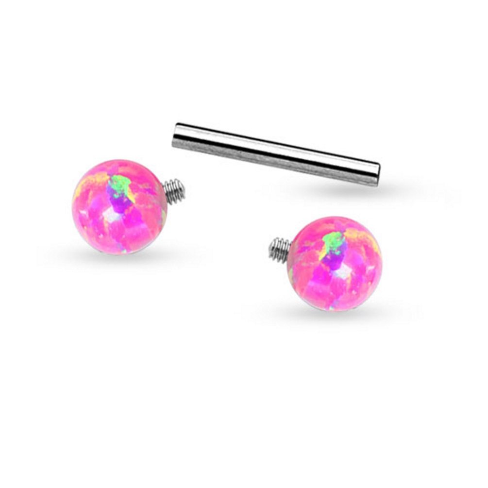 Pair of 5mm Synthetic Opal Ball End Nipple Rings Steel Barbells Internally Threaded - 14 Gauge 9/16" (Pink)