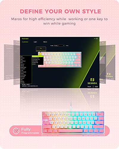 Seenda Pudding Hacker 61 Mechanical Gaming Keyboard, Wired Mini 60% Two-Tone White Pink Keyboard with Customizable RGB Backlit & Fully Programmable Keys, Red Switch and PBT Keycap Mechanical Keyboard