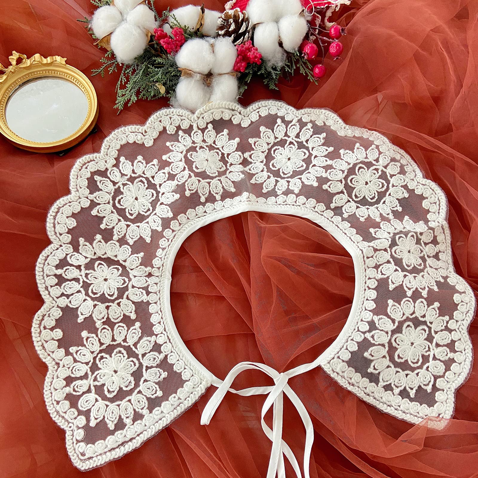 SIMPLE RETRO White Collar Hollow Out Lace Floral Fake Collar False Collar for Halloween (White D)