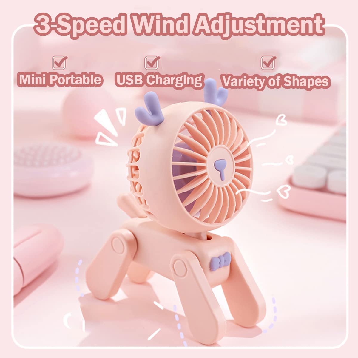 NICE POINT Mini Desk Fan for Kids,Cute Portable Rechargeable White Puppy Table Fan, 3 Speeds Children students handheld folding Small fan for Home Office Outdoor Camping