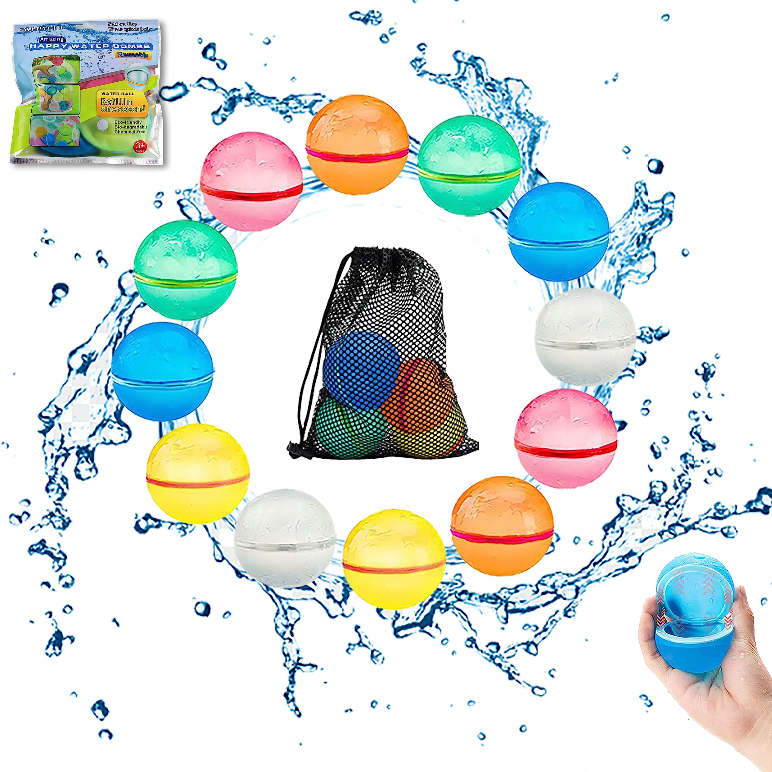 PREHOOR Reusable Water Balloons for Kids Adults 12 pack, Self-Sealing Silicone Water Ball, Quick Fill Water Splash Balls, Pool Toys, Water Park, Summer Party
